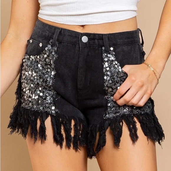 POL | Shorts | Pol Clothing Black Denim Sparkly Sequin Shorts Medium | Poshmark